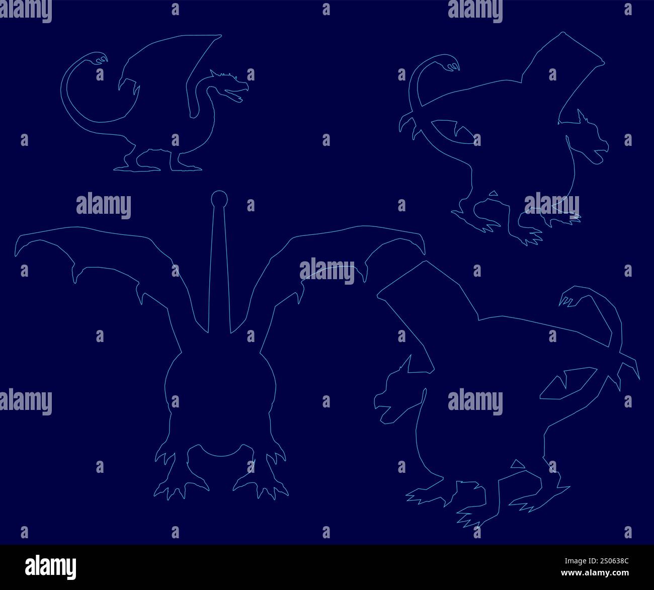 Four silhouettes of different types of dragons. The first one is a ...