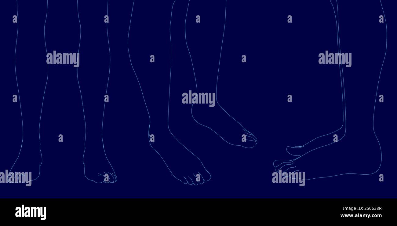 Blue background with a series of feet in different positions. The feet ...