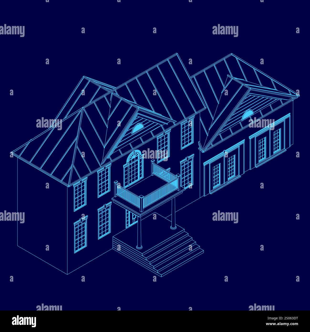 Blue house with a roof and a balcony. The house is shown in a 3D ...