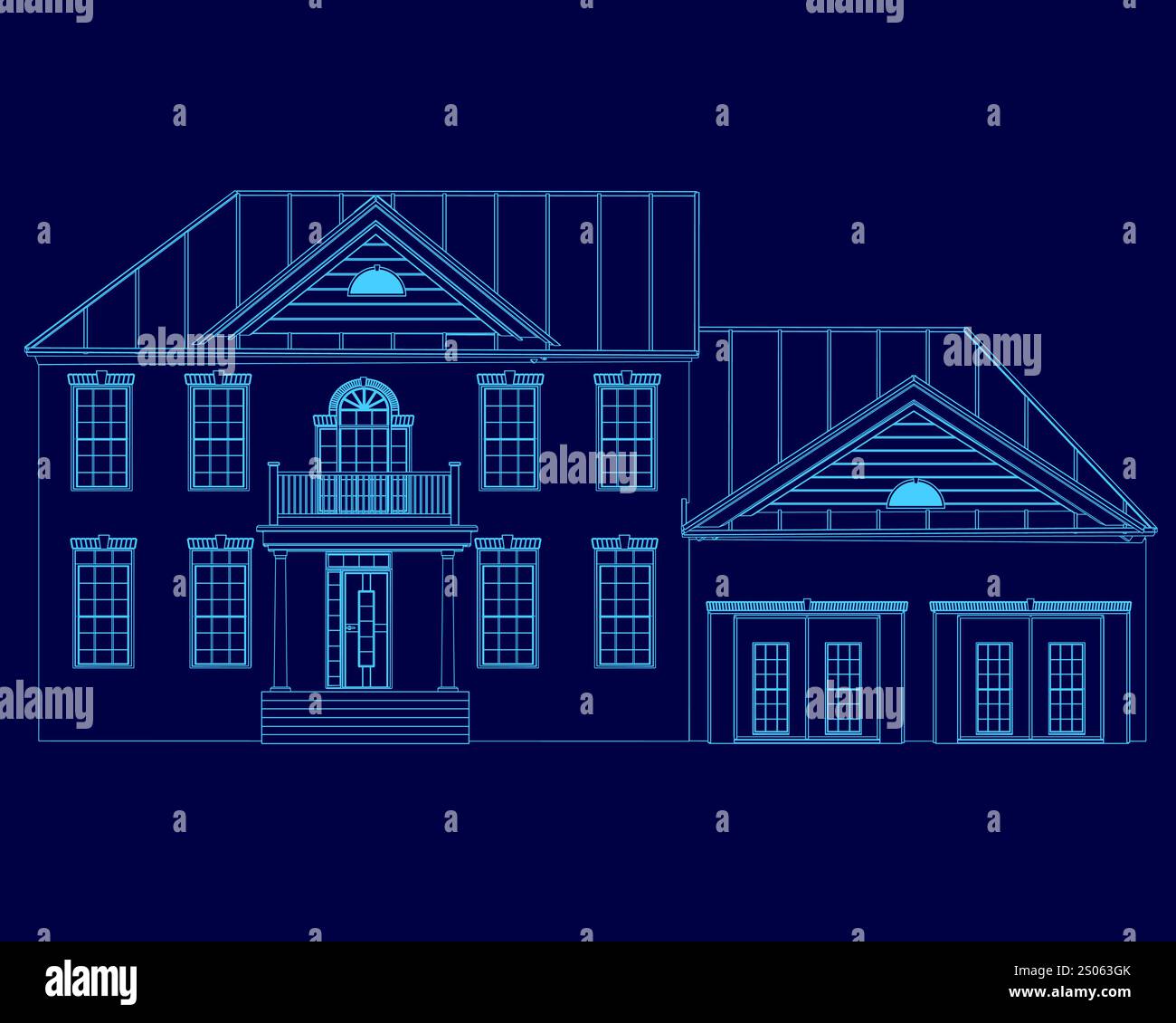 Blue house with a roof and a trim. The house has a lot of windows and a ...