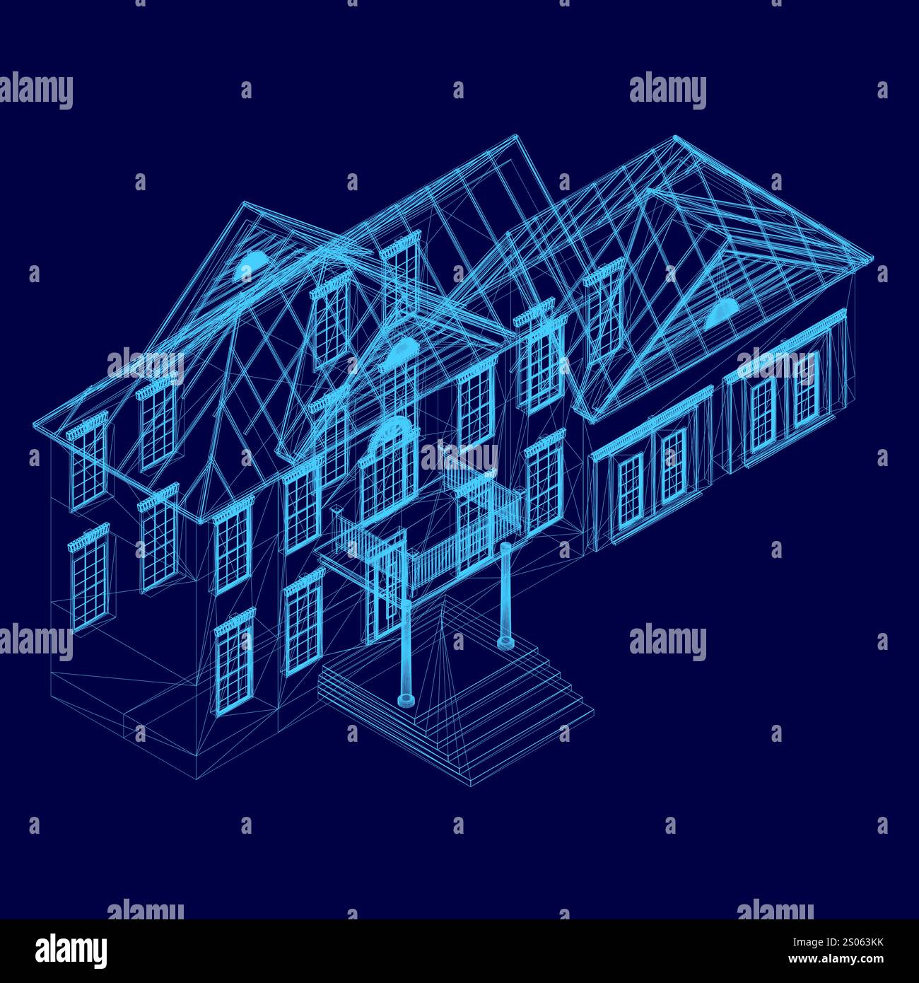 Blue house with a roof and windows. The house is shown in a 3D model ...