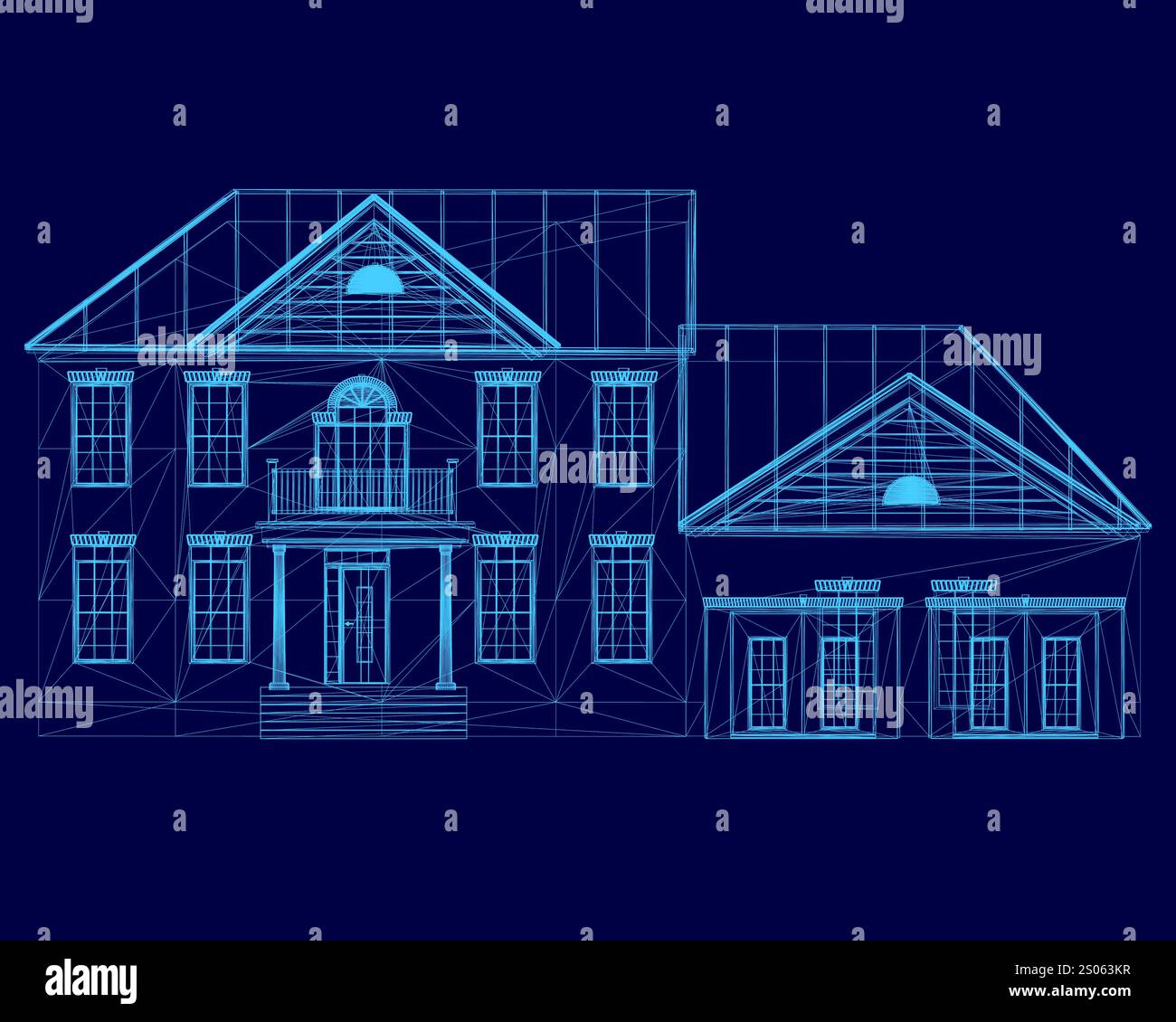 Blue house with a roof and trim. The house is a two-story home with a ...