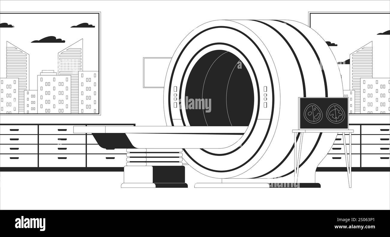 MRI scanner room empty black and white line illustration Stock Vector ...