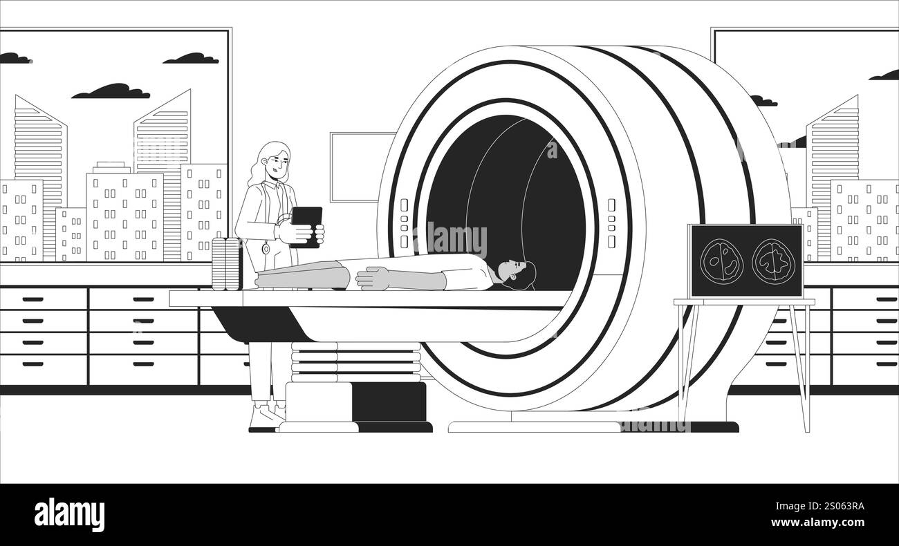 MRI scan patient black and white line illustration Stock Vector Image ...