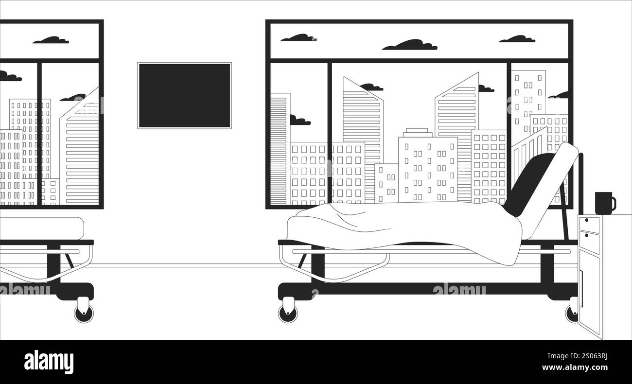 Empty hospital ward with adjustable bed on rolling wheels black and ...