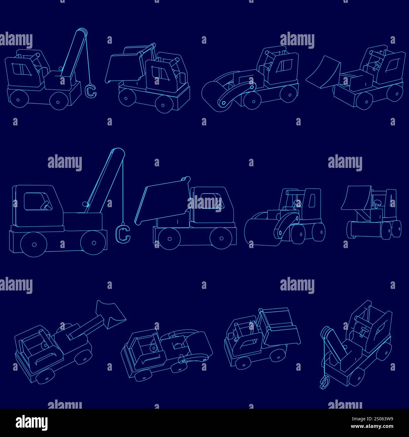 Series of blue drawings of construction vehicles. Scene is industrial ...