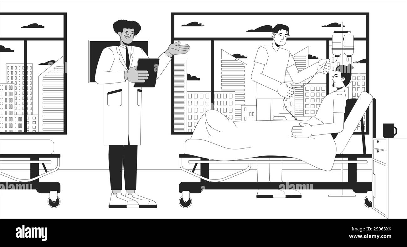 Doctor and nurse checking on patient on hospital bed black and white ...