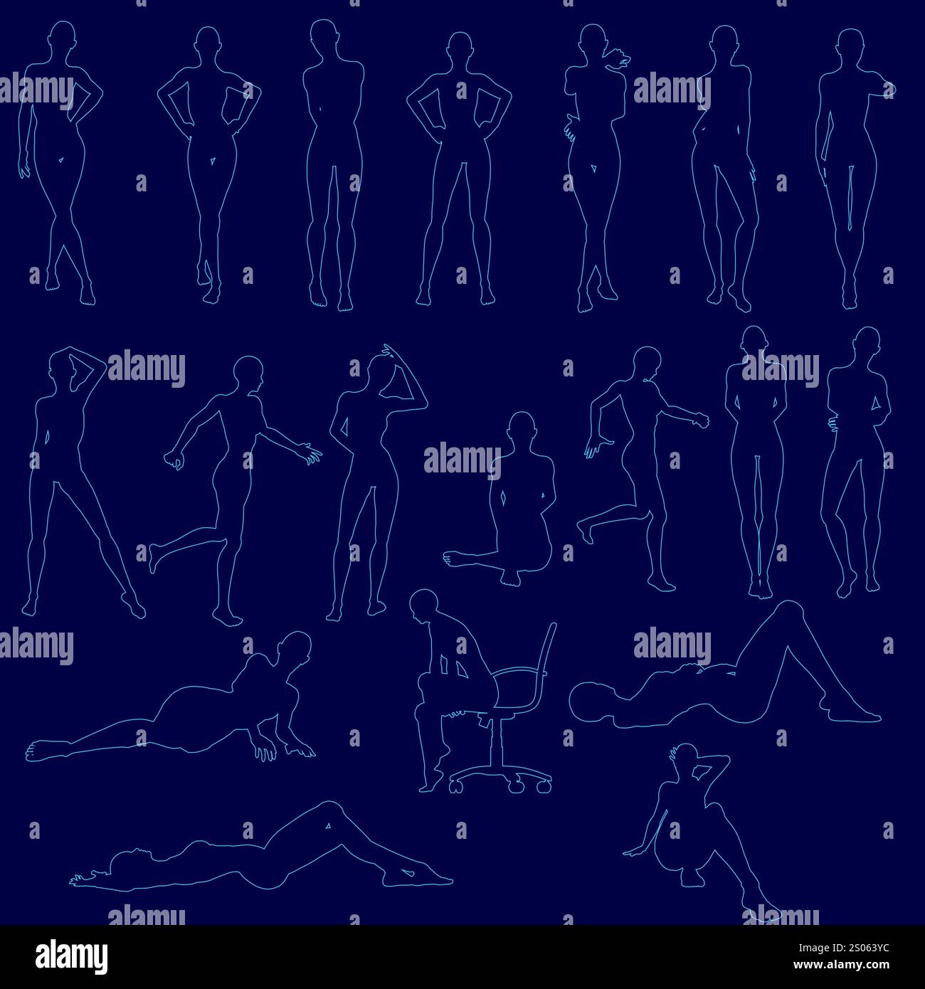 Series of blue outline of women in various poses. Scene is one of ...