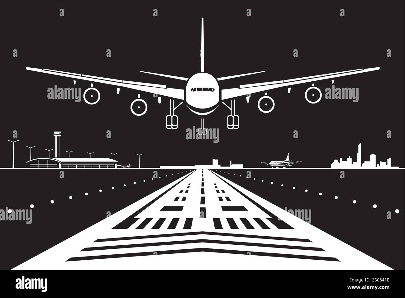 Passenger plane take off from airport by night – vector illustration ...