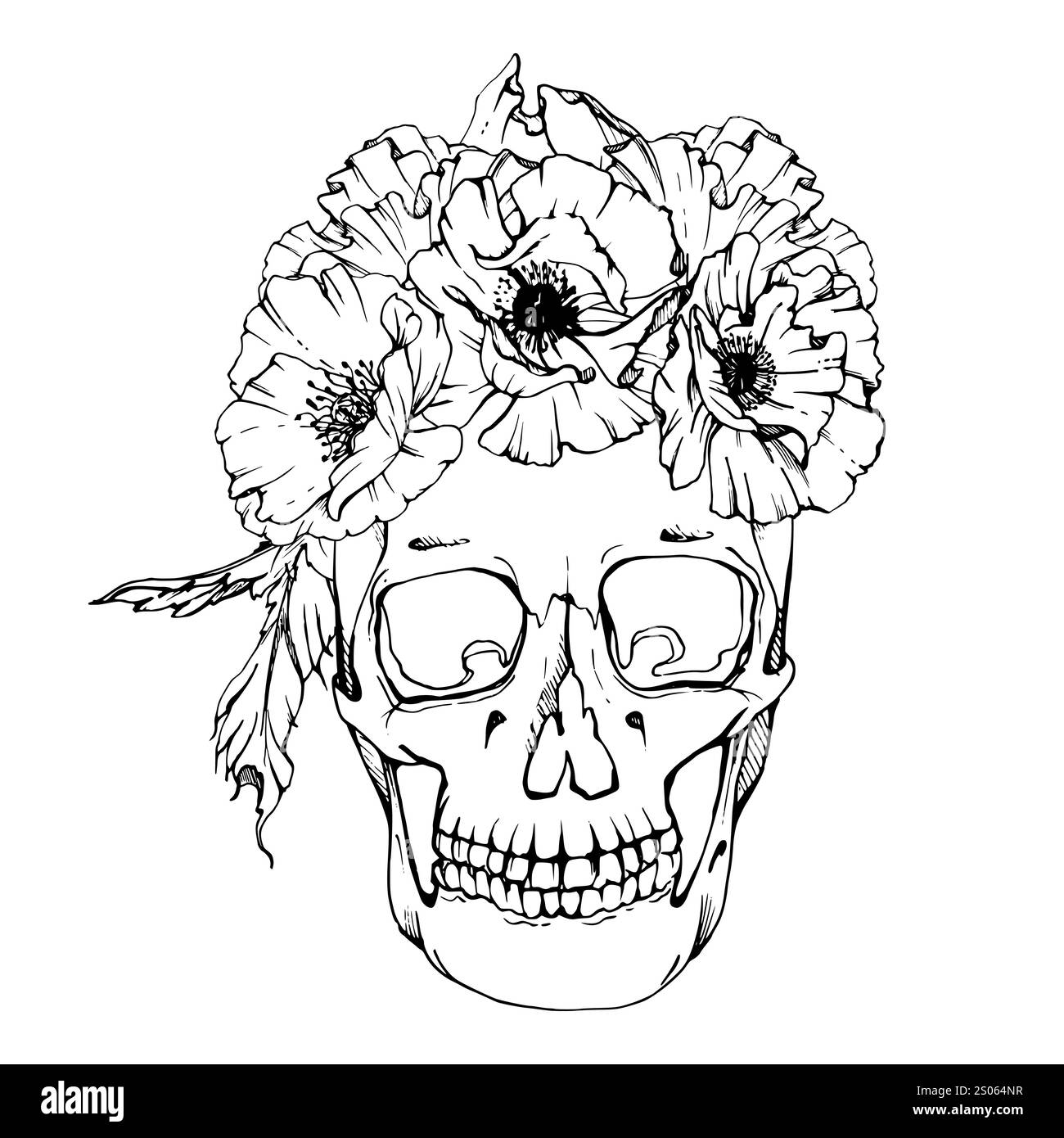 Cinco de Mayo human skull in crown of poppy peony anemone flowers ...