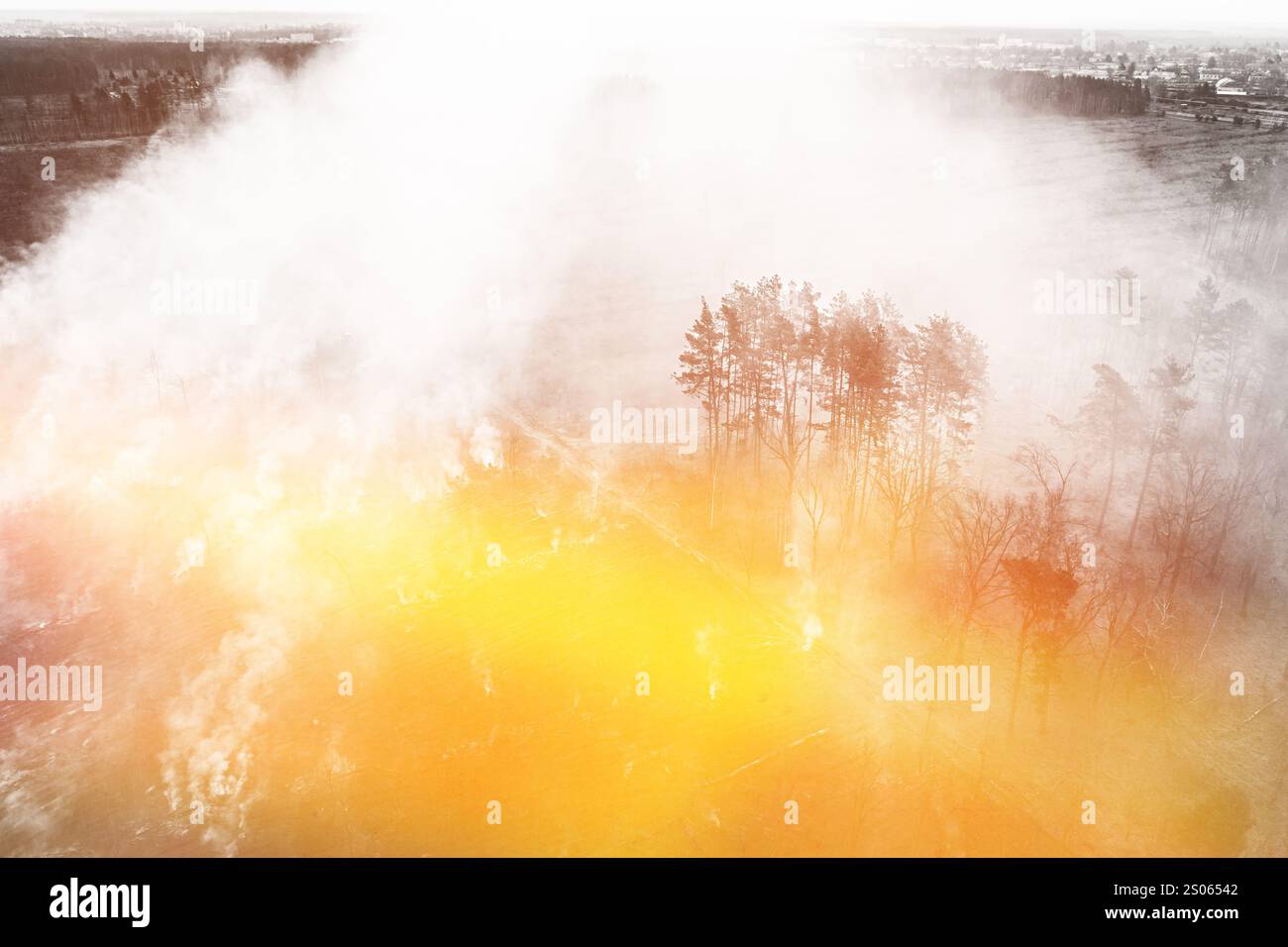Aerial View. Spring Dry Grass Burns During Drought Hot Weather. Bush ...