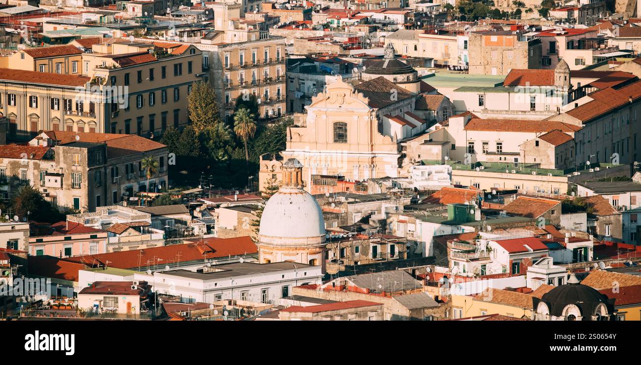 Naples, Italy. Top View Cityscape Skyline With Famous Landmarks In ...