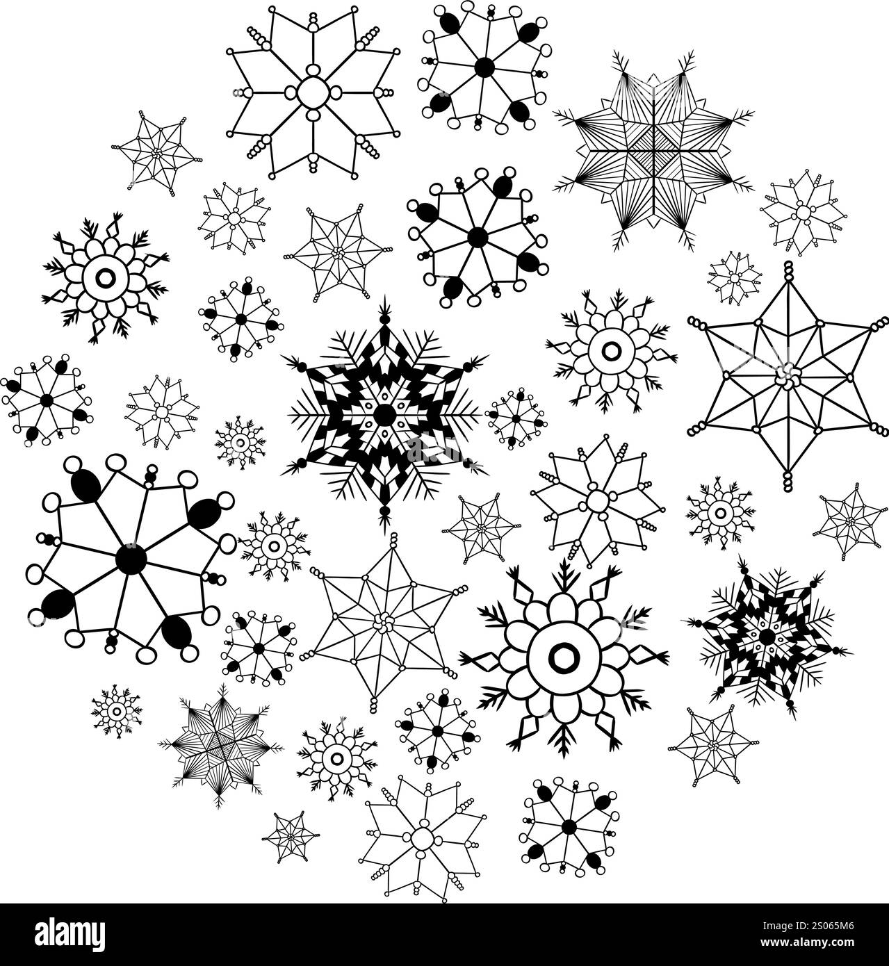 Graphic line vector round circle composition with snowflakes, simple ...