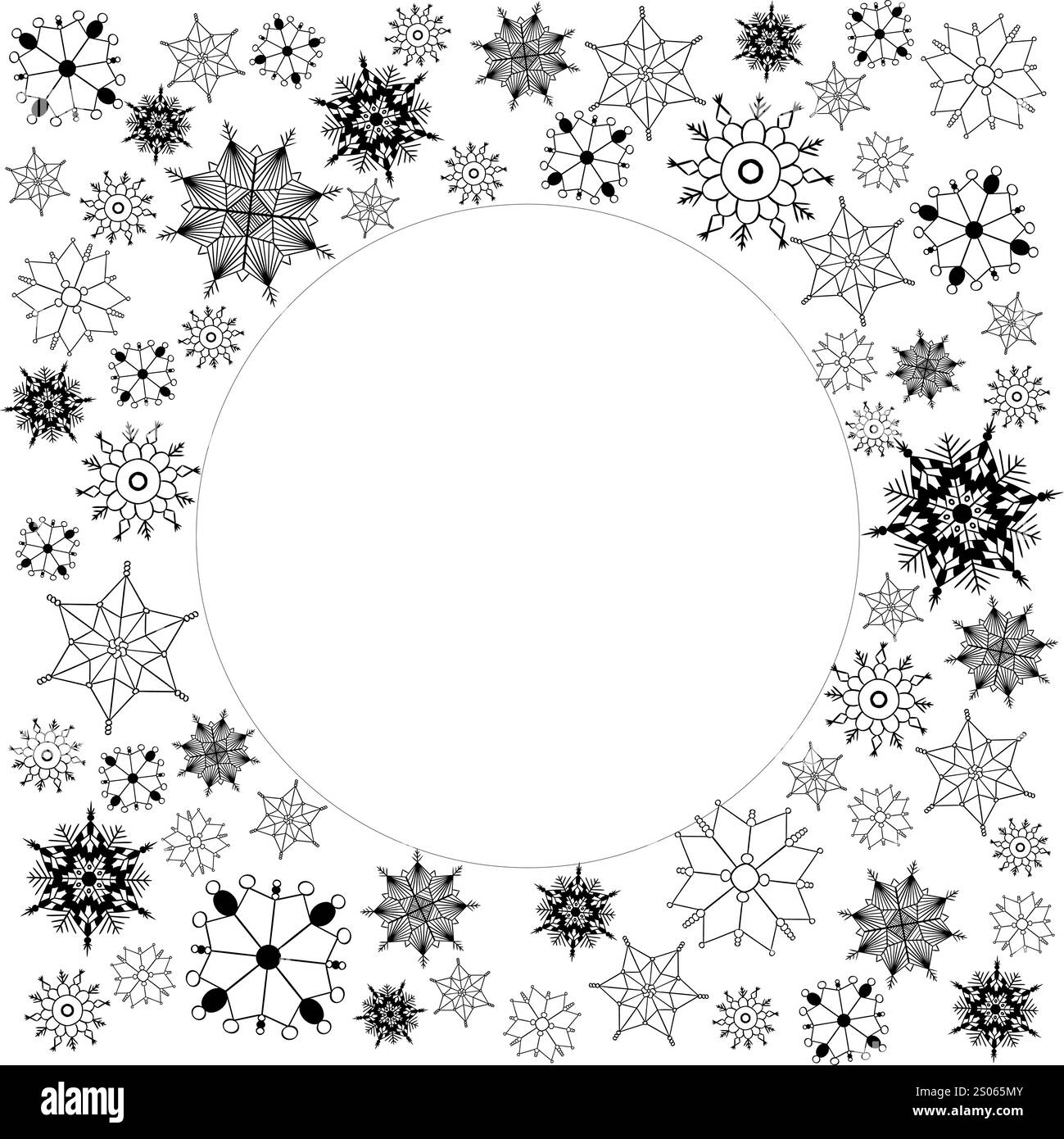 snowflakes circle round frame template, vector graphic line ...