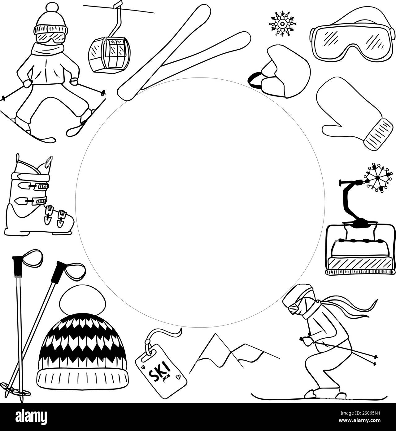 Winter sports background with ski equipment elements in circle with ...
