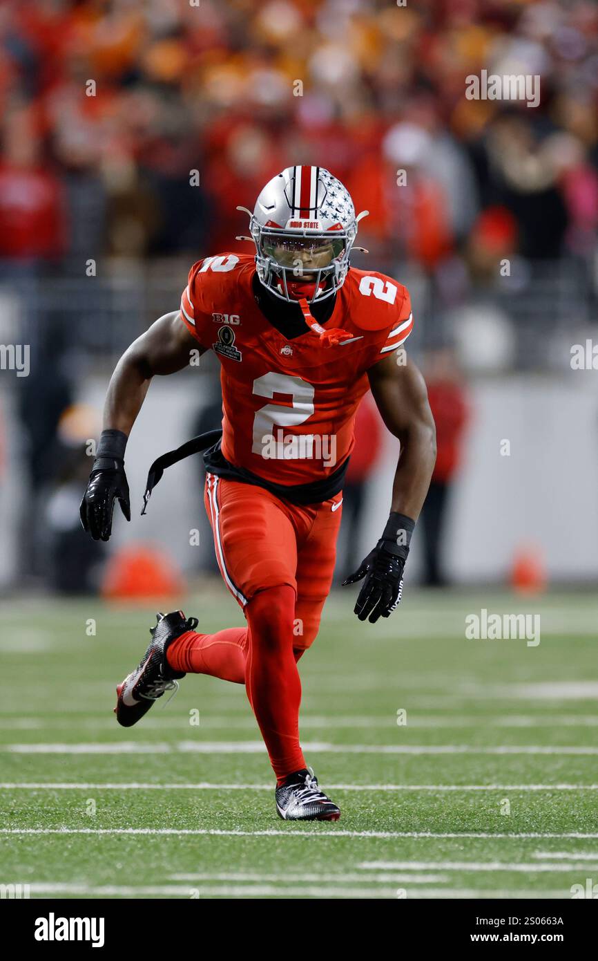COLUMBUS, OH - DECEMBER 21: Ohio State Buckeyes safety Caleb Downs (2) pursues a play on defense ...