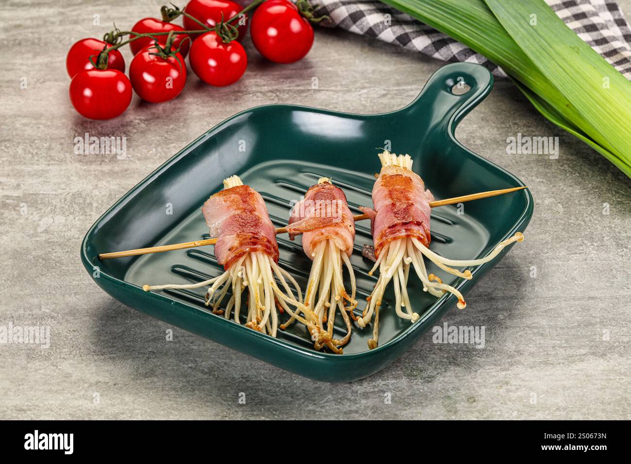 Grilled enoki mushroom with bacon roll wrap Stock Photo - Alamy