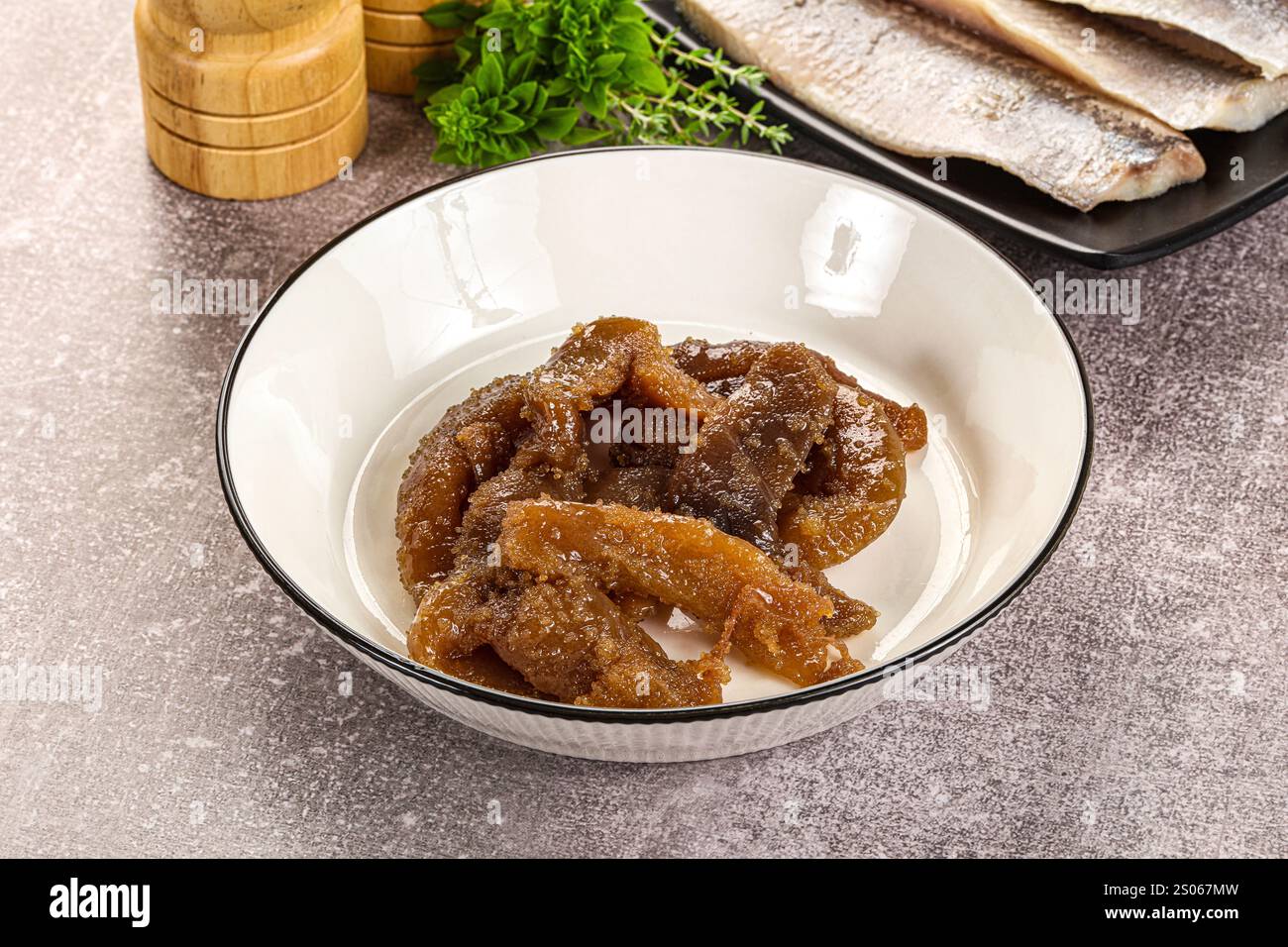 Salted Herring roe snack in the plate Stock Photo - Alamy