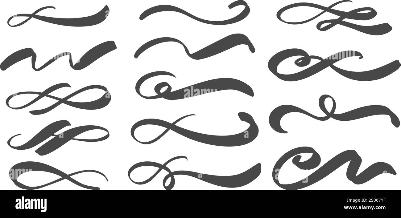 Swoosh underlines hand drawn vector elements. Swish swirl brushstrokes ...
