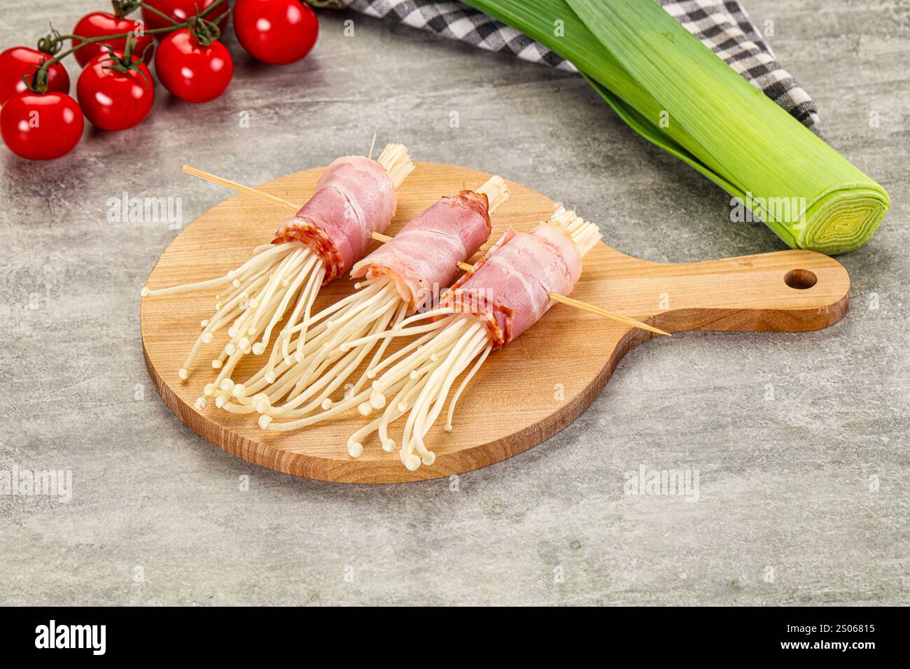Raw roll with enoki mushroom and bacon Stock Photo - Alamy