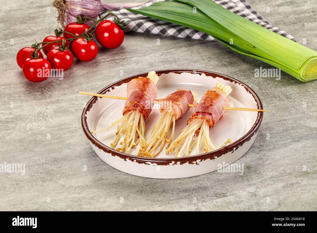 Grilled enoki mushroom with bacon roll wrap Stock Photo - Alamy