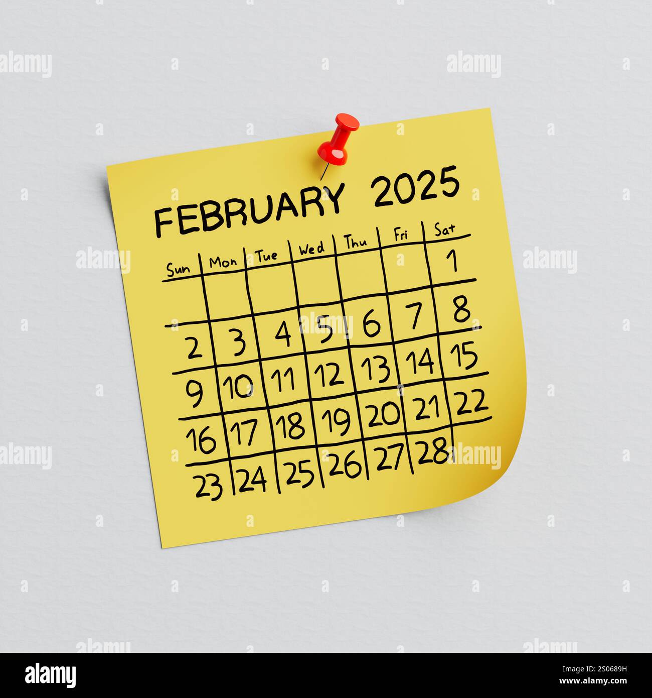 Yellow Note Paper with 2025 Year February Handwritten Calendar and ...