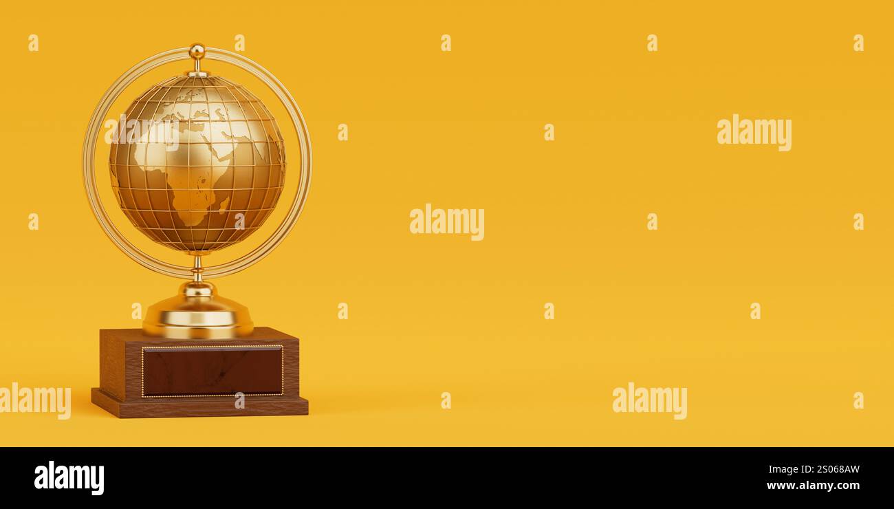 Golden Earth Globe Trophy Award on a yellow background. 3d Rendering ...