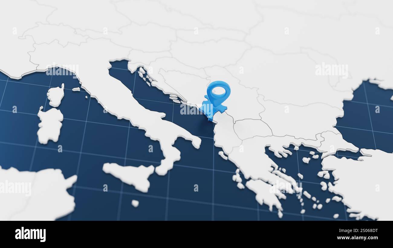 Blue Montenegro 3d map with pointer pin surrounded with other countries ...