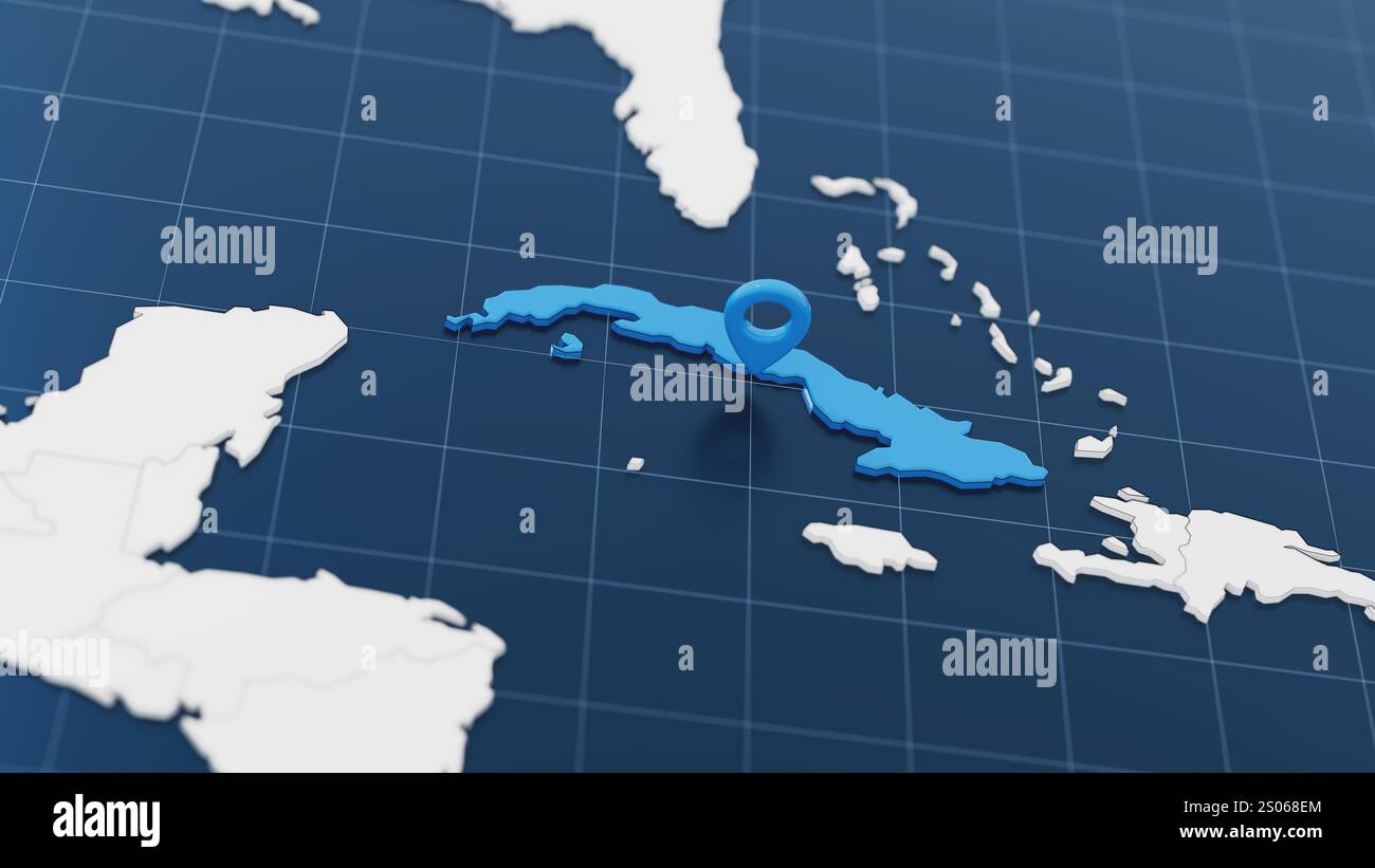 Blue Cuba 3d map with pointer pin surrounded with other countries in ...