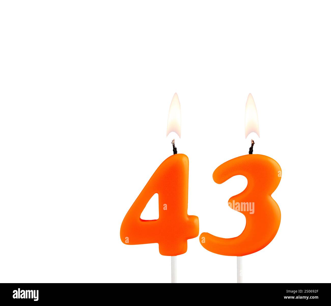 Lit birthday candle - Candle number 43 on white background Stock Photo ...