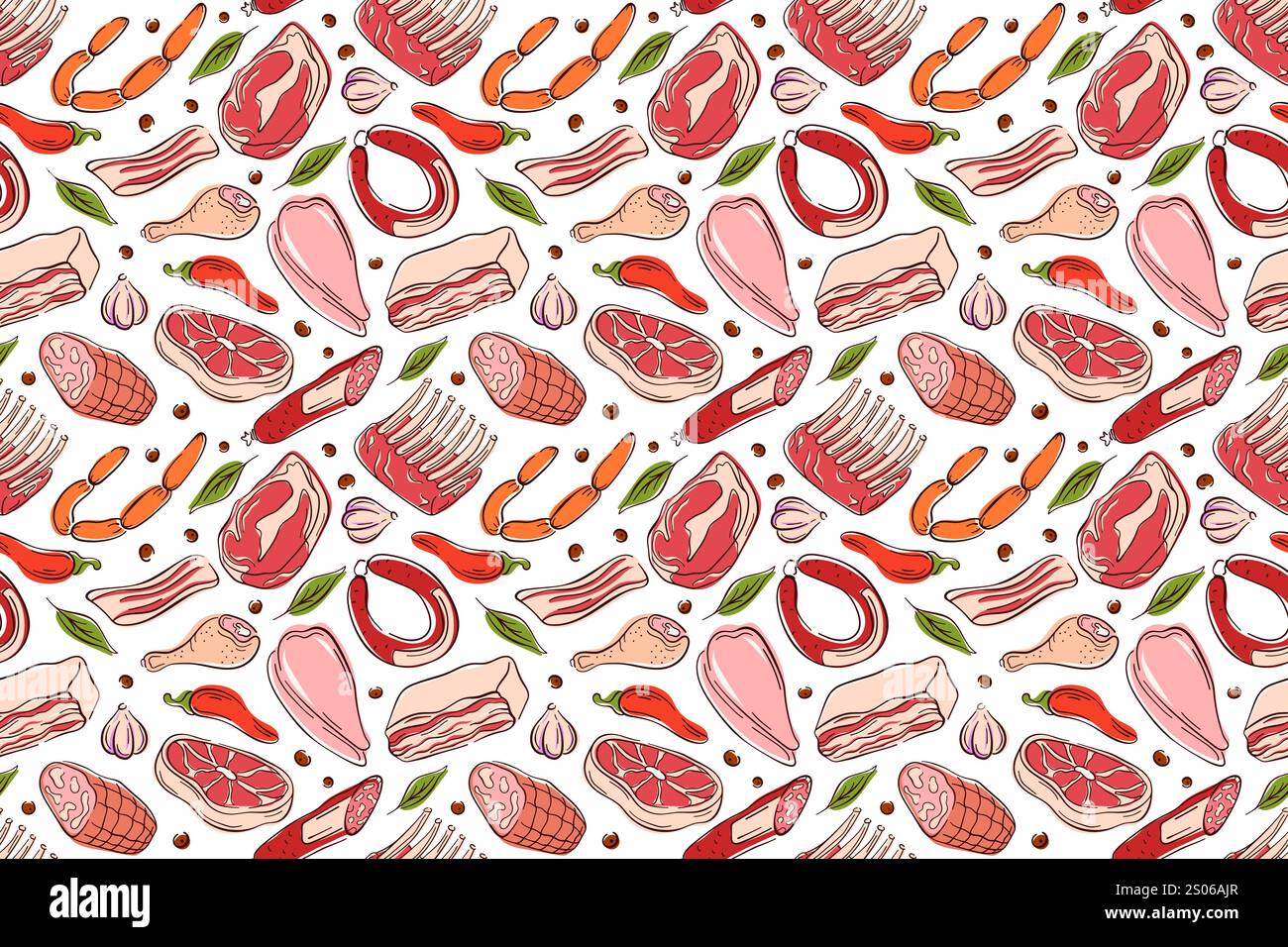 Seamless meat pattern in flat style with different meats on a white ...