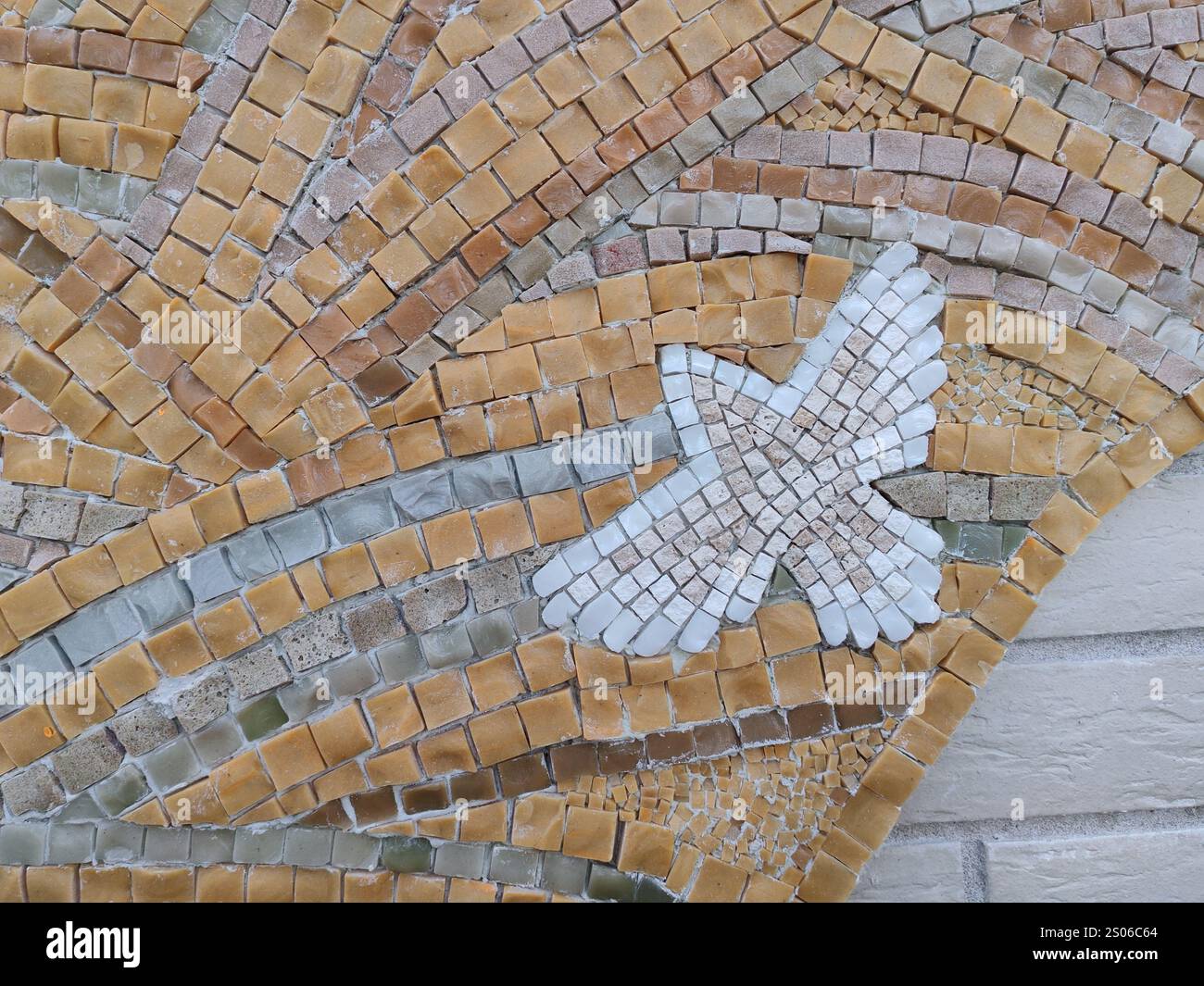 A close-up of a detailed mosaic showcasing a white dove amidst flowing ...