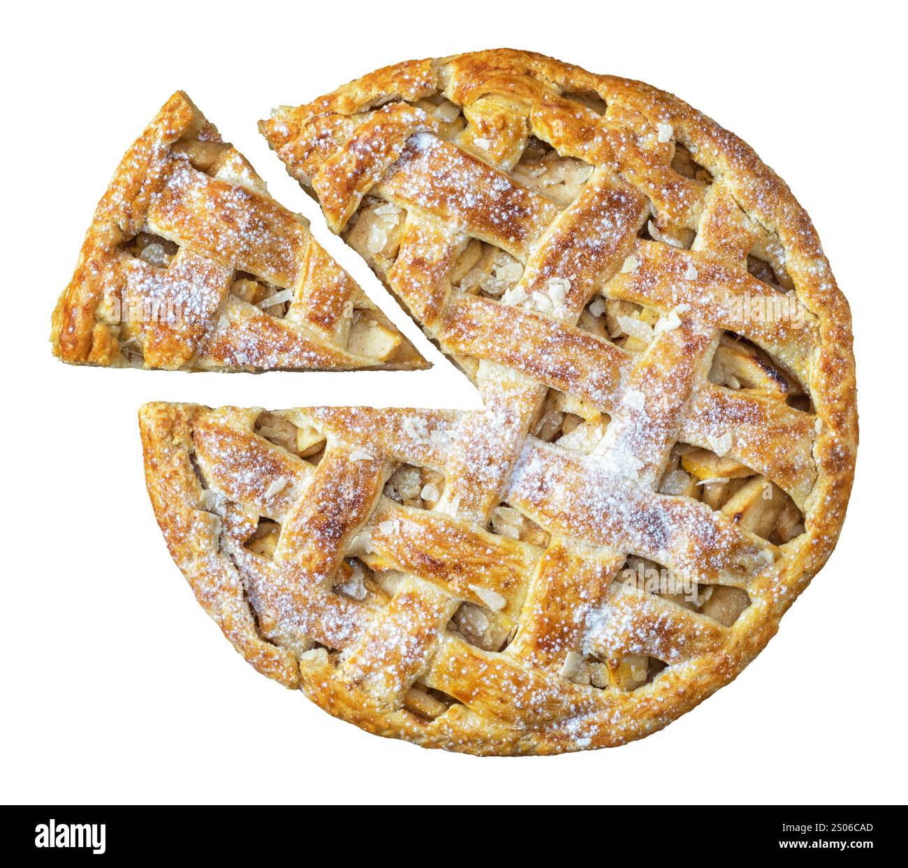 Baked round apple pie and triangle cut piece on isolated background ...