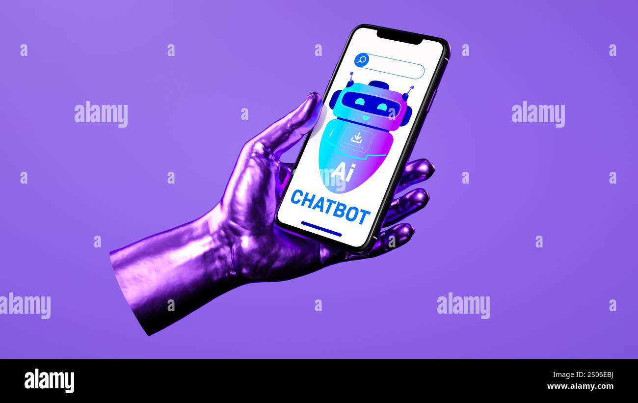 A futuristic concept showing a chatbot on a smartphone held by a hand, emphasizing AI, mobile ...