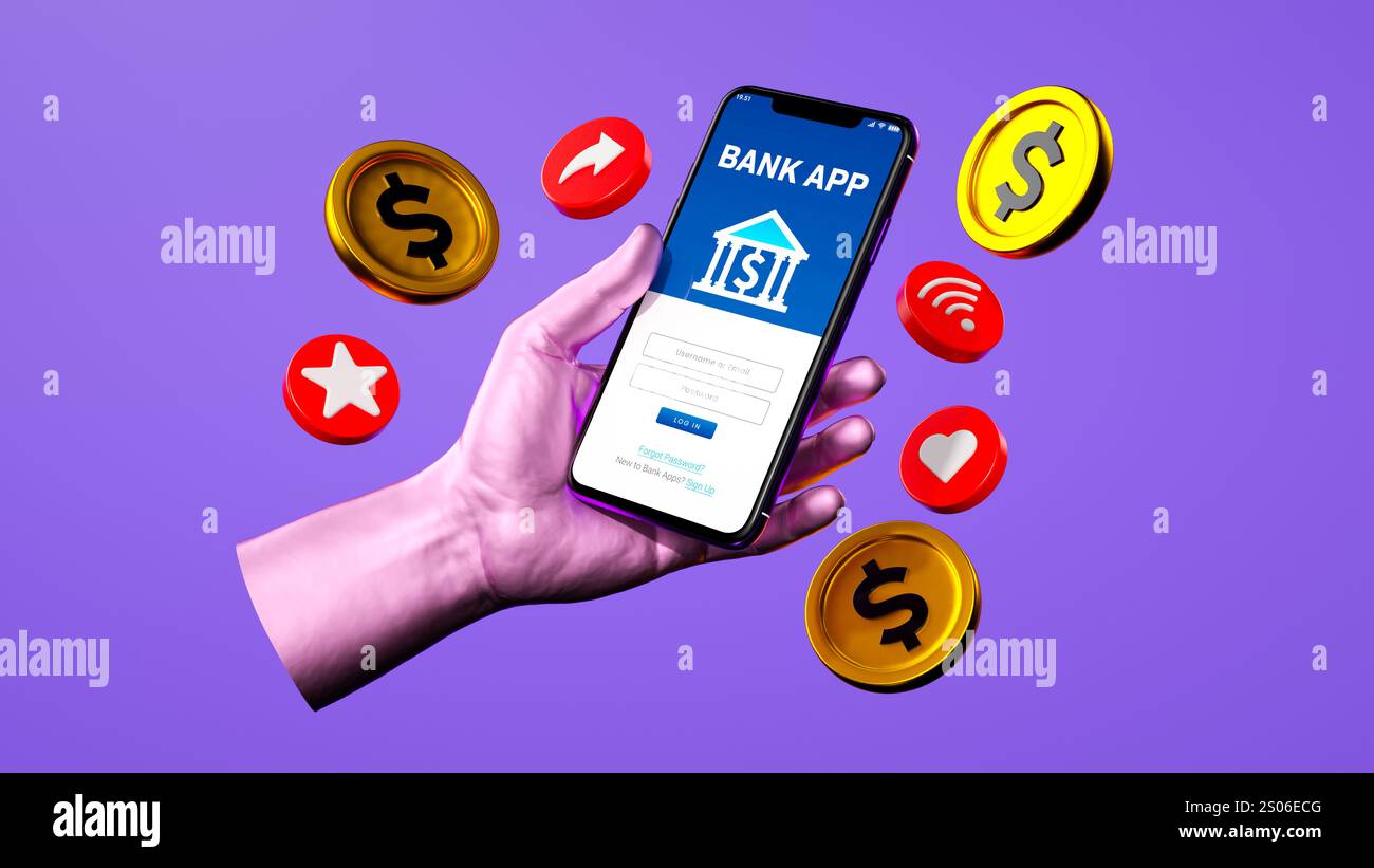 A hand holds a smartphone with a "Bank App" login screen, surrounded by ...