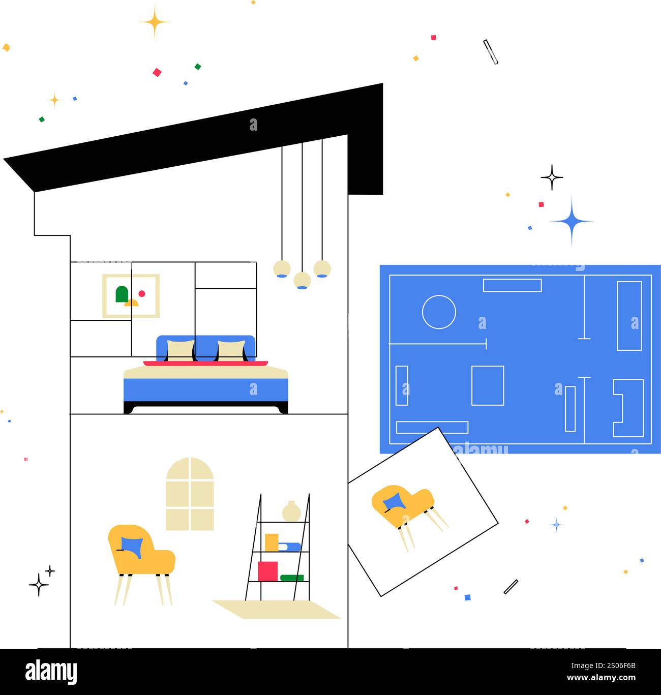 Modern Room Interior With Blueprint In Flat Vector Illustration ...