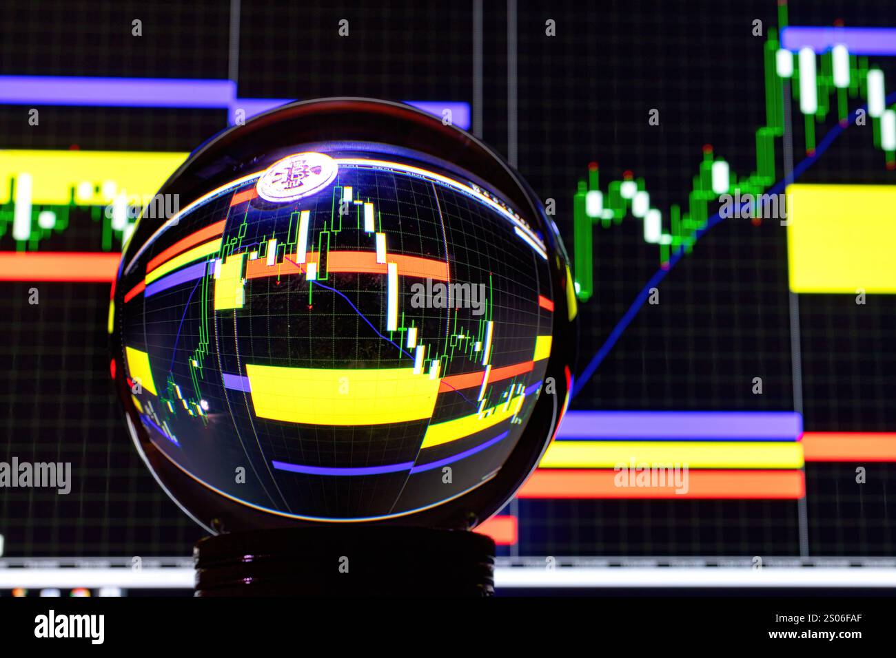 Reflective orb reveals vibrant trends in stock market analytics during ...