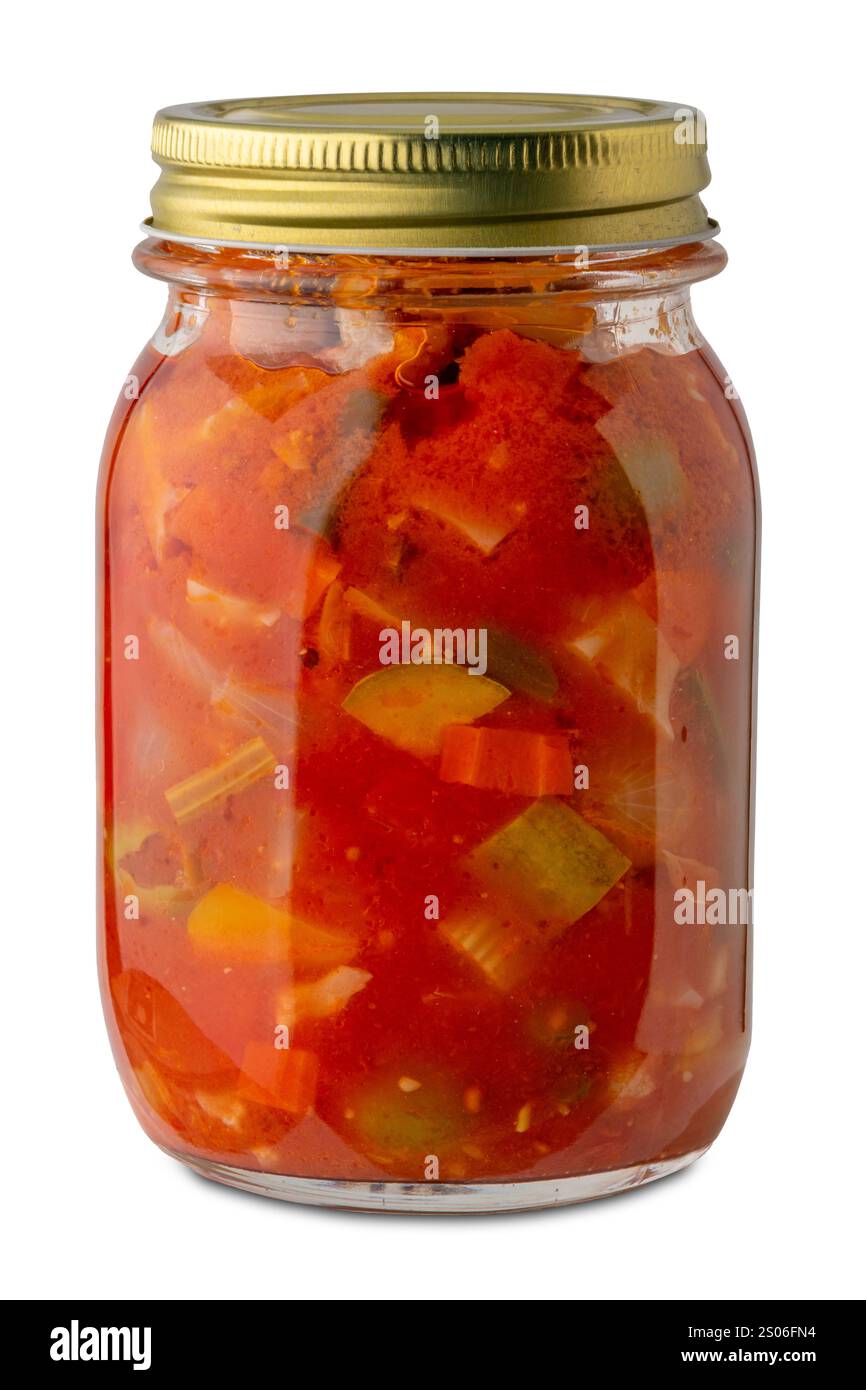 Mixed vegetables cooked in tomato sauce in glass jar isolated on white ...