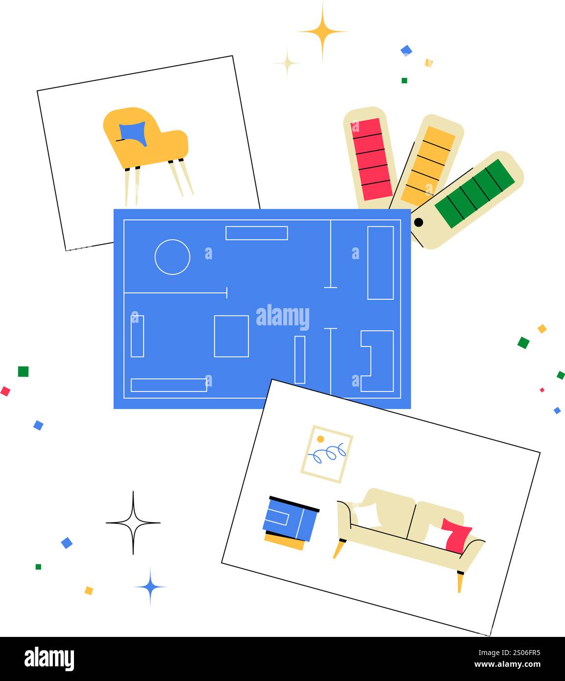 Interior Design Moodboard In Flat Vector Illustration Symbolizing Home ...