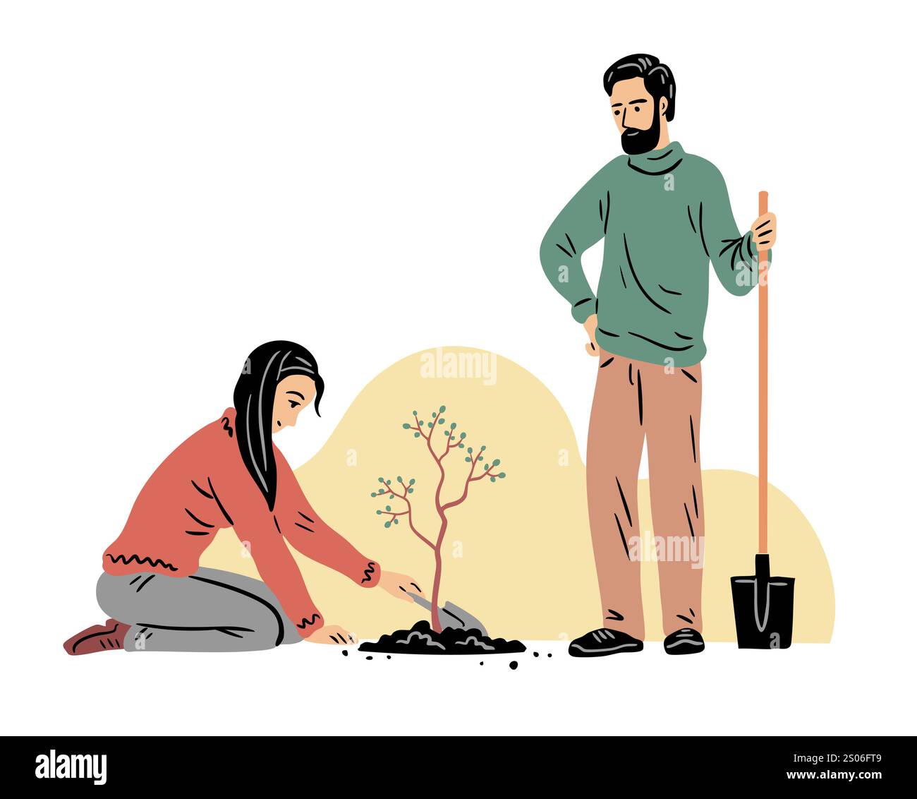 Young couple planting a tree. A man and a woman work together in the ...