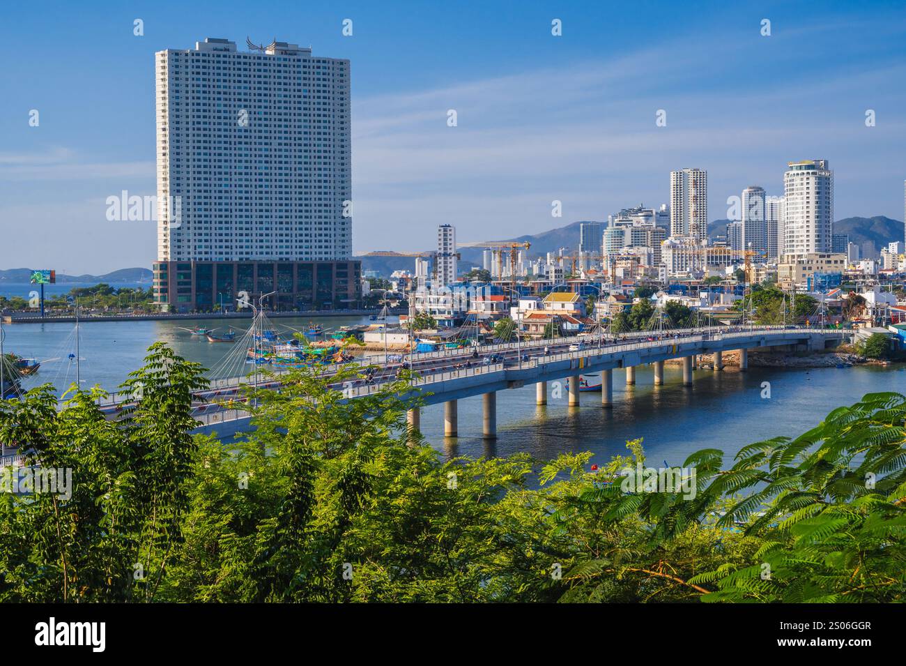 Panoramic top view of Cai River and Xom Bong Bridge in Nha Trang resort ...