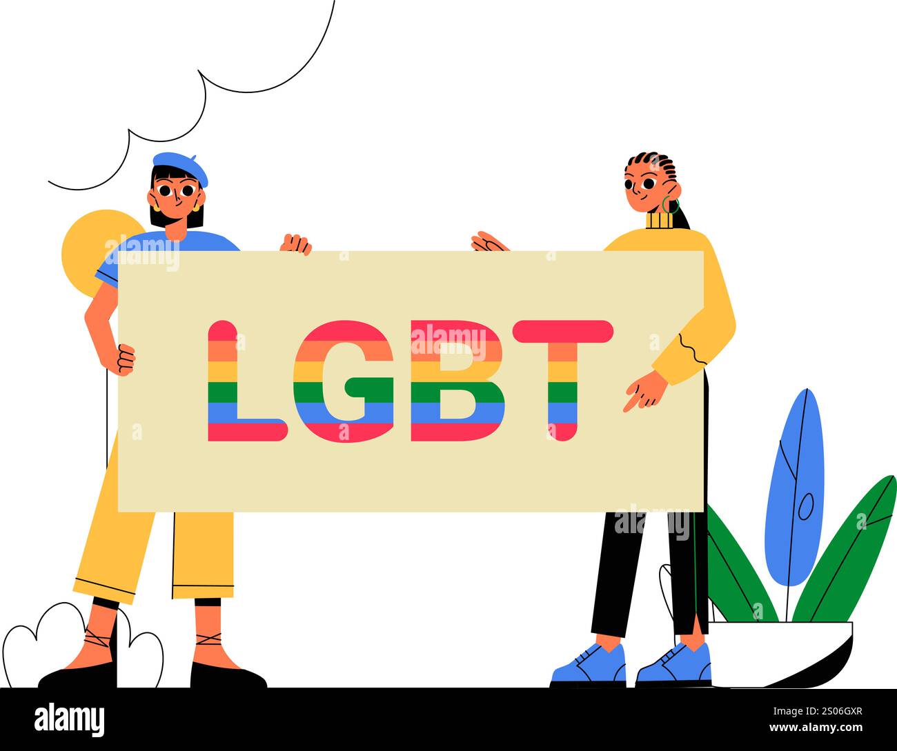 Two Characters Holding LGBT Banner With Rainbow Colors In Flat Vector ...