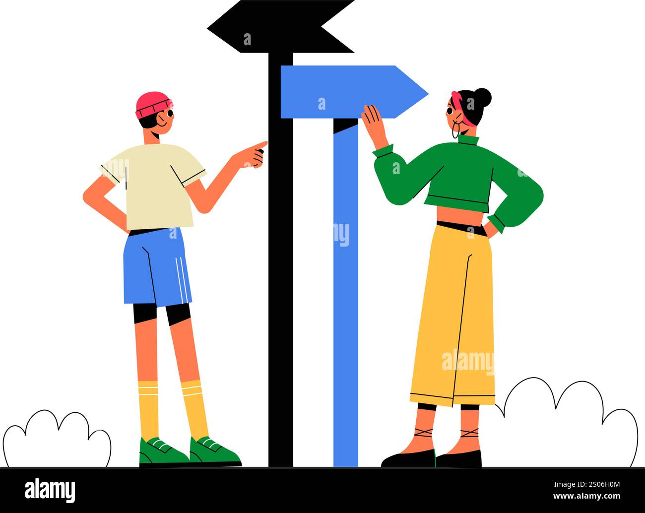 Two People Discussing Directional Signs In Flat Vector Illustration ...