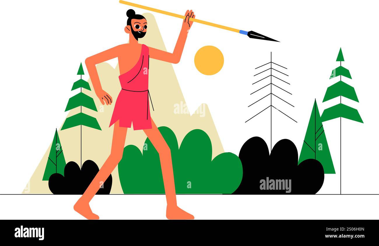 Primitive Man With Spear In Flat Vector Illustration Symbolizing ...