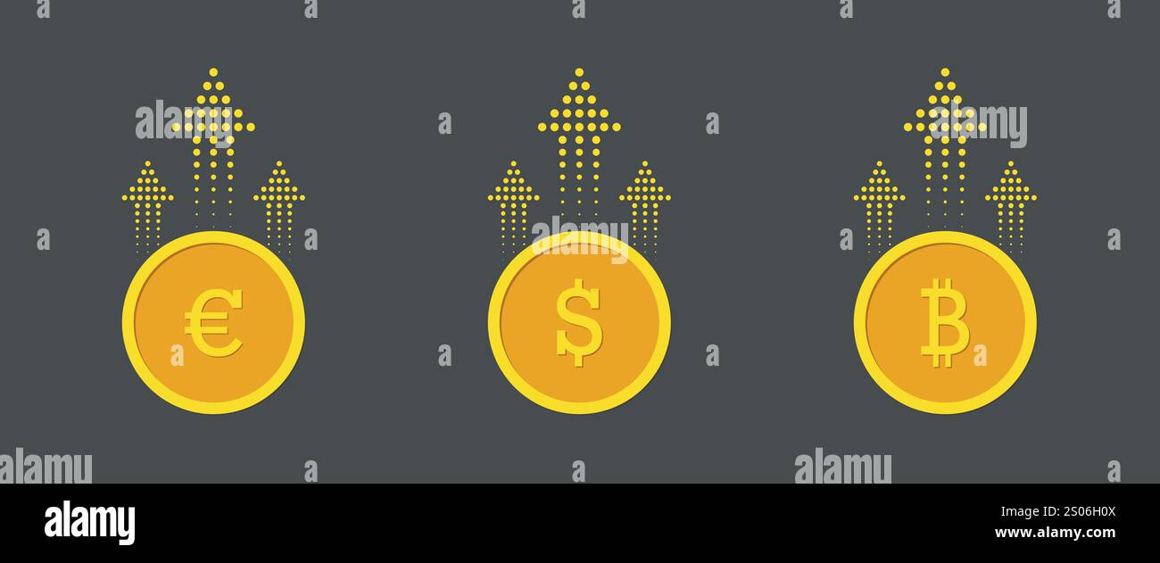 Dollar icon. Currency growth concept. Gold coin with arrows up. Vector ...