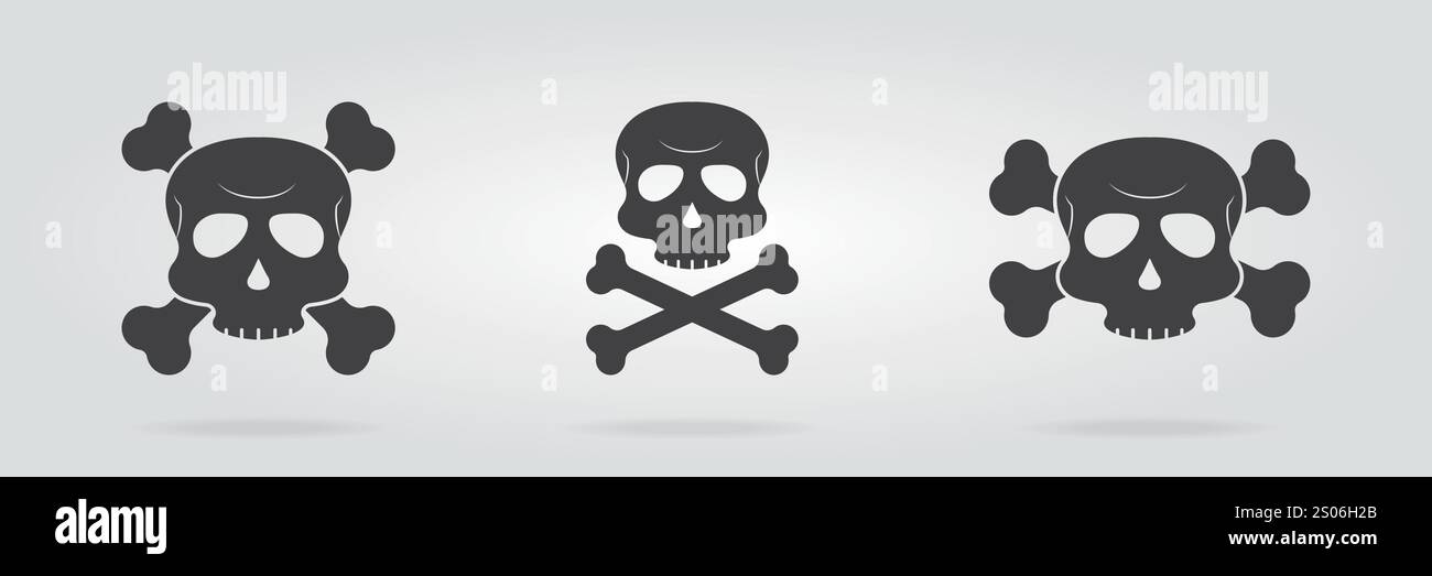 Set of skull icon with crossbones. Danger symbol of skeleton on grey ...