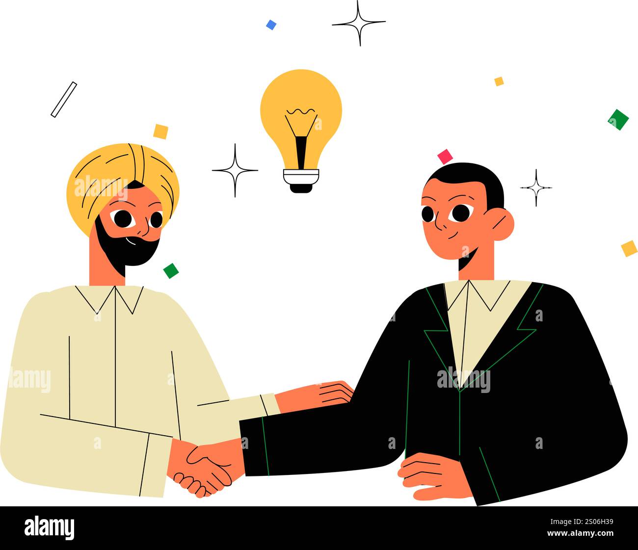 Two Men Shaking Hands Under Light Bulb In Flat Vector Illustration ...