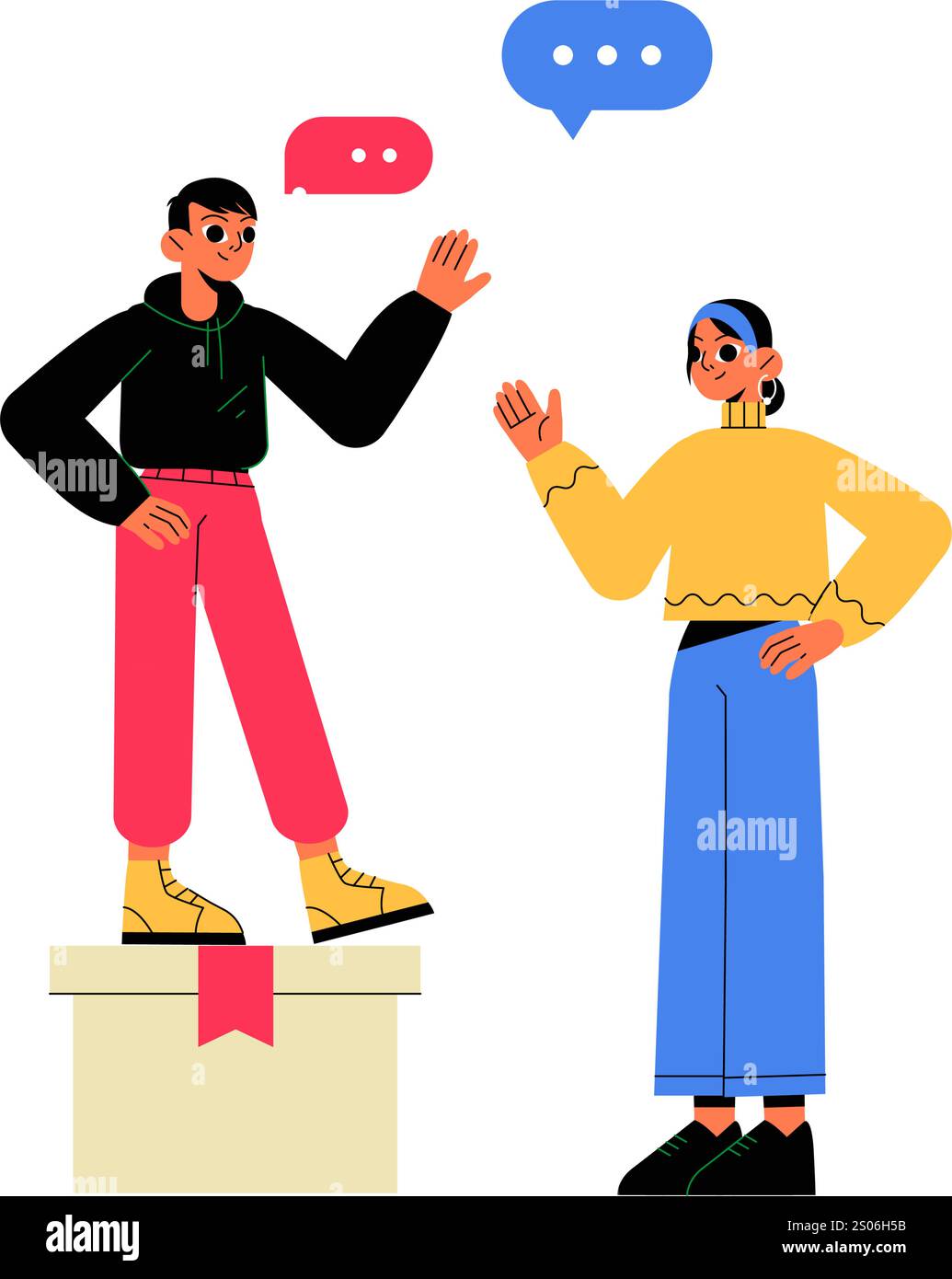 Male And Female Characters Having A Conversation On Podium With Gift ...