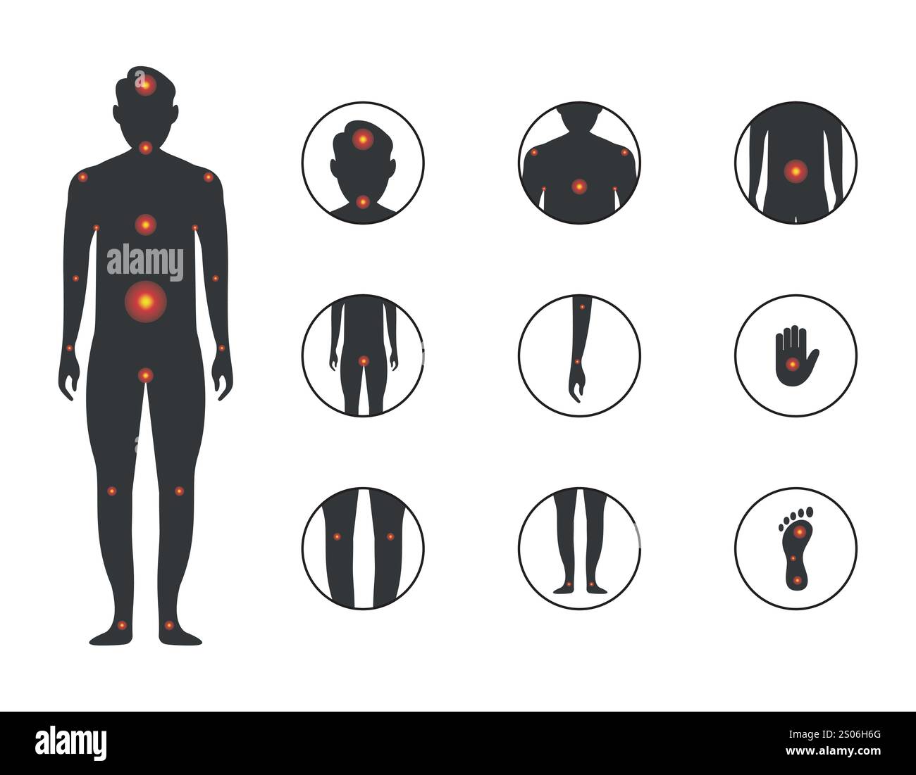 Silhouette of a man with different body pain. Point of male body pain ...