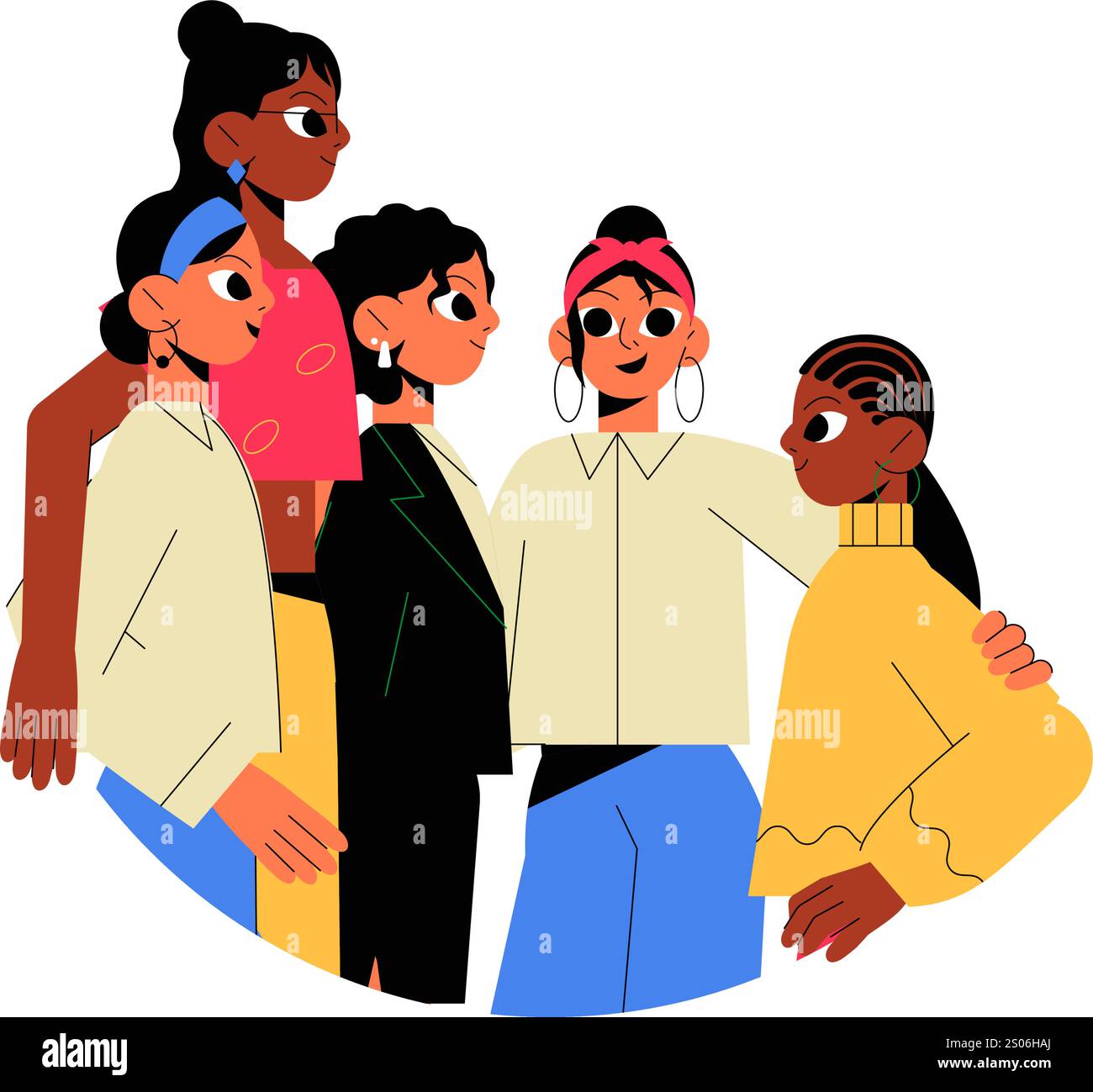 Group Of Women Hugging And Smiling Together In Flat Vector Illustration ...